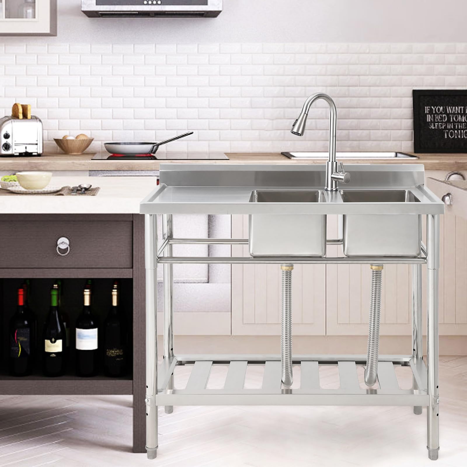 Freestanding Sink With Faucet and Drainboard, Utility Stainless Steel ...