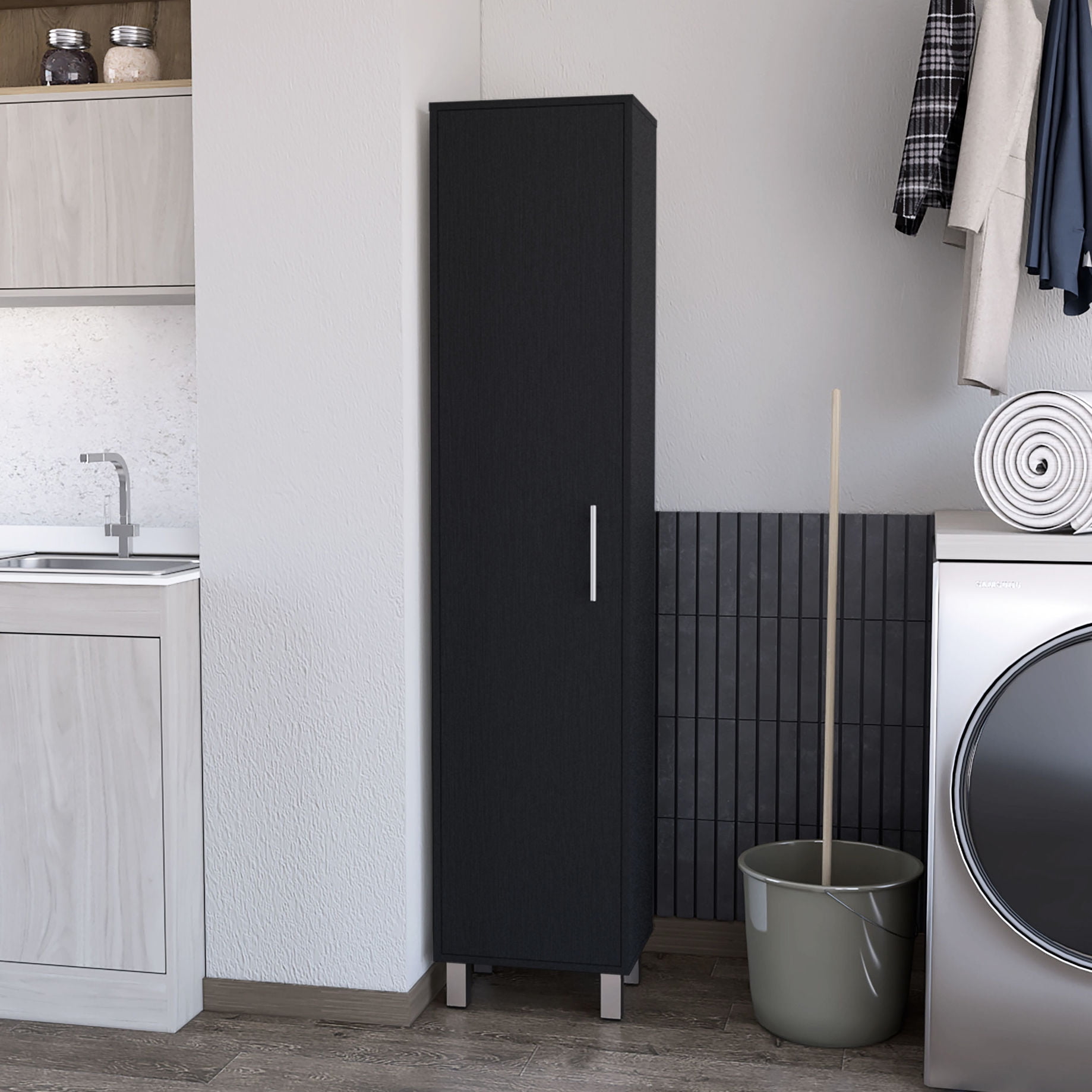 Freestanding Tall Single Door Cabinet | For Dining Room Use with Broom ...