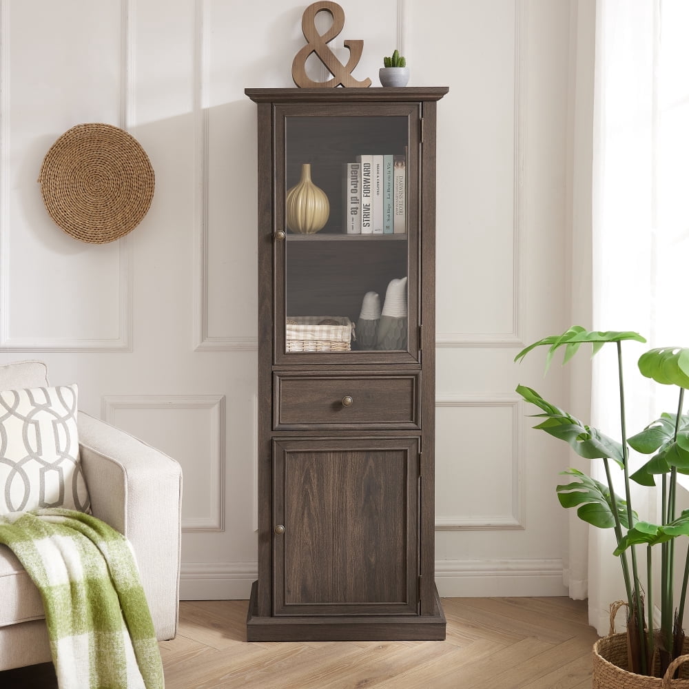 Freestanding Tall Storage Cabinet with Glass Door and Shelves for Living Room, Kitchen, Dining ...