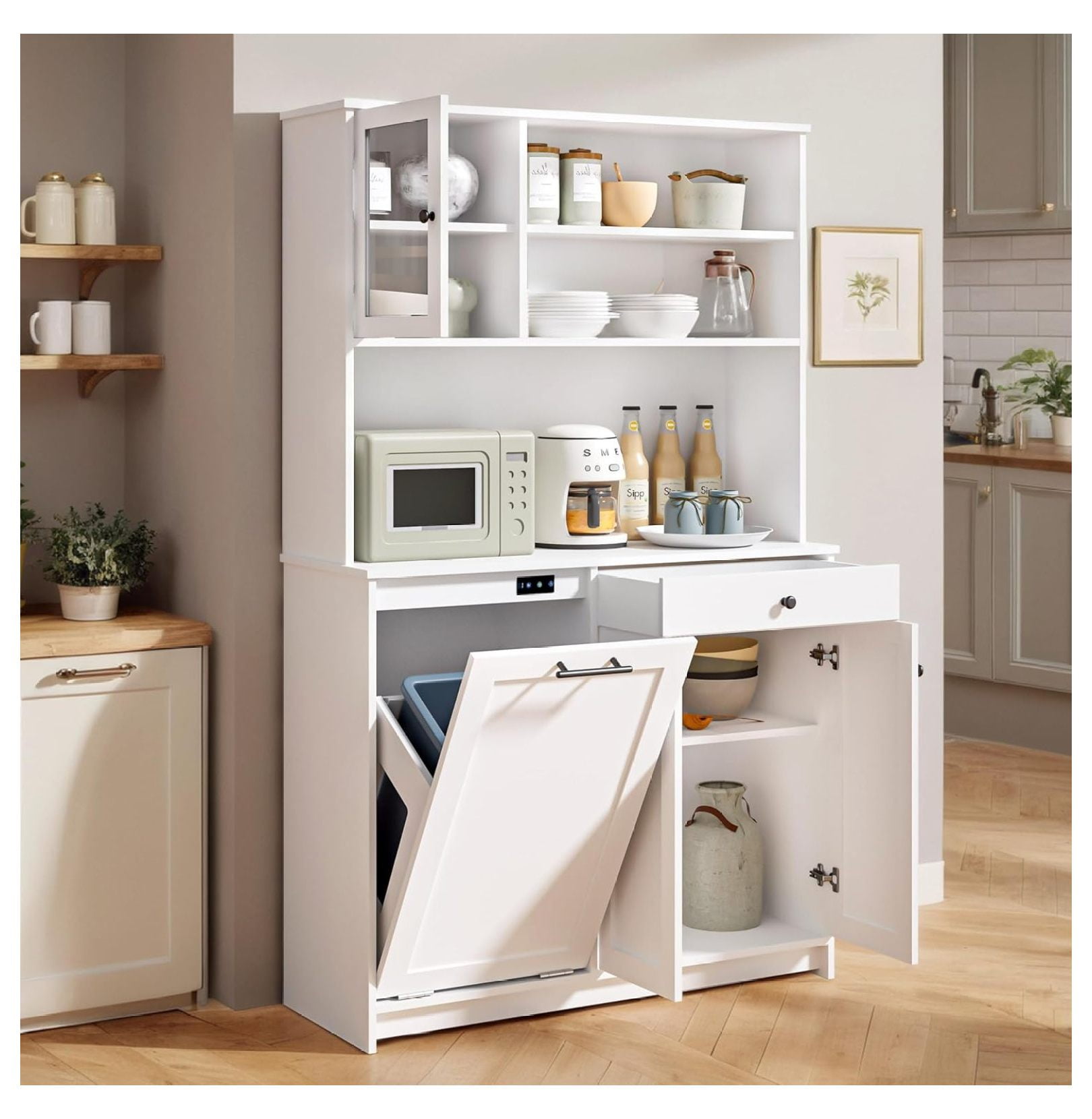 Freestanding Tilt-Out Trash Can Cabinet with Deodorising Function, 70 ...