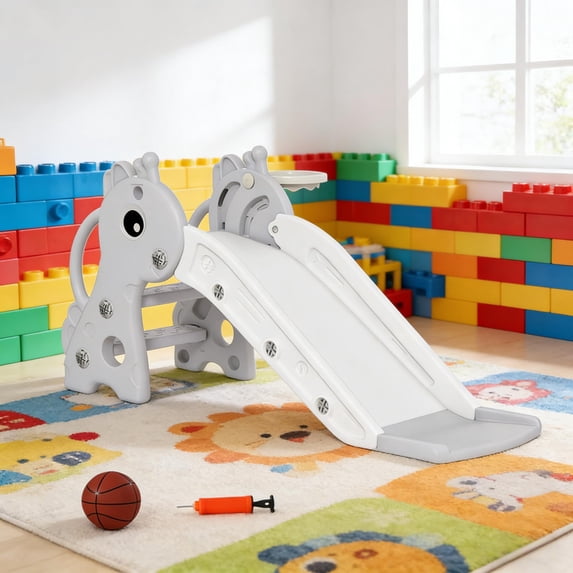 Freestanding Toddler Slide with Basketball Hoop, Giraffe Design HDPE ...