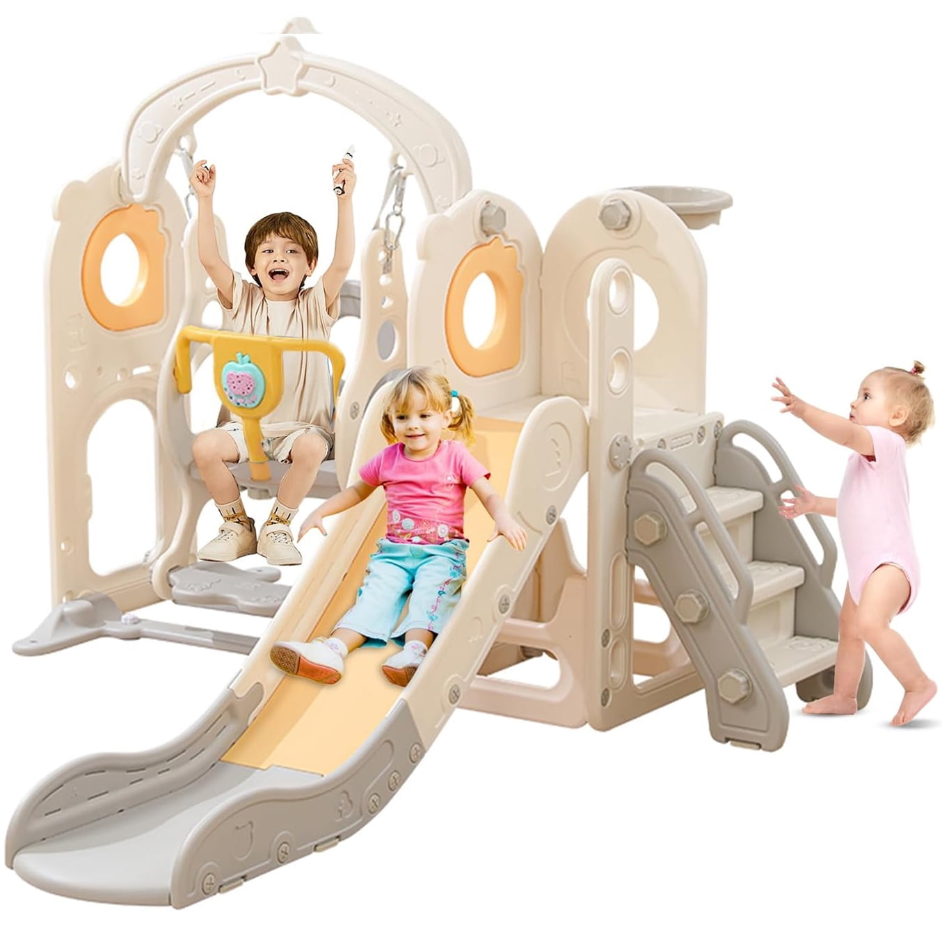 KATLAZIC Toddler Slide with Swing Set, 6-in-1 Indoor Playset for Ages 1 ...