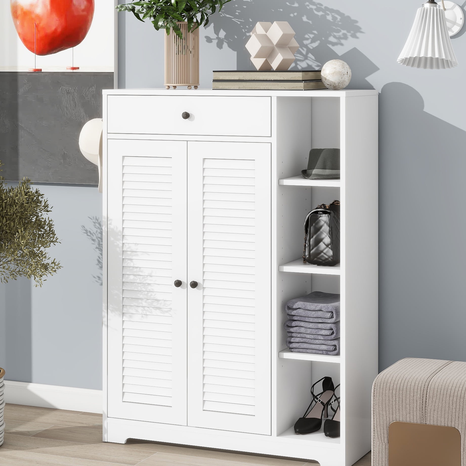 Freestanding White Shoe Rack Organizer - 2 Shutter Door Cabinet ...