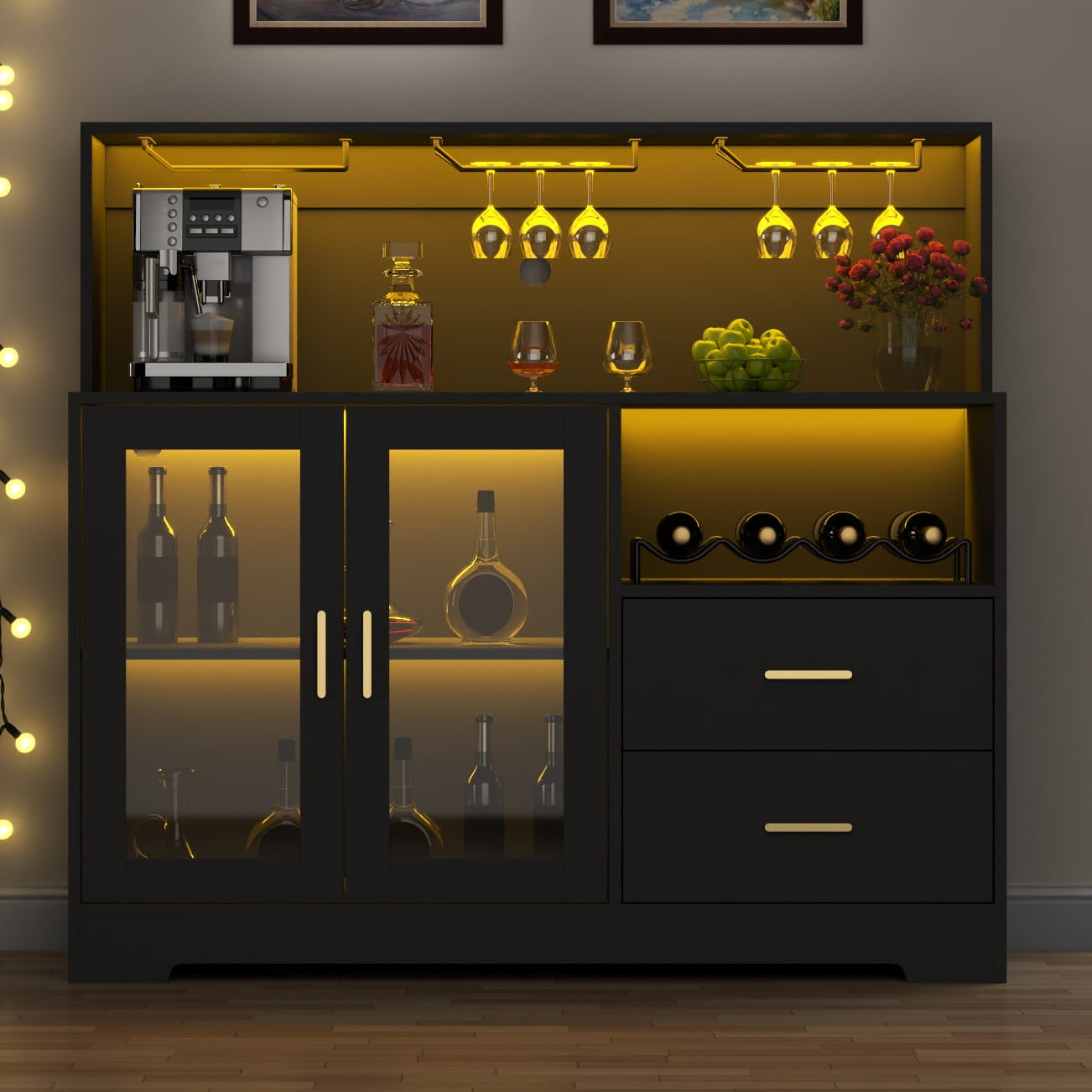 Freestanding Wine Bar Cabinet With Wine Rack And Glass Holders, Home ...