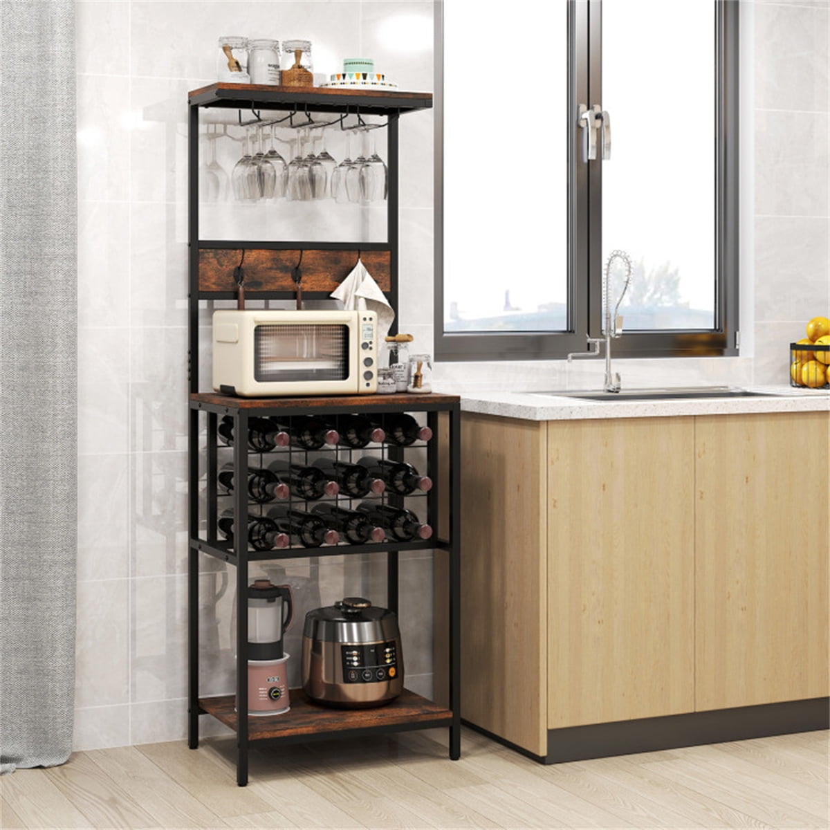 Freestanding Wine Rack with Glass Racks - Industrial Rustic Brown ...