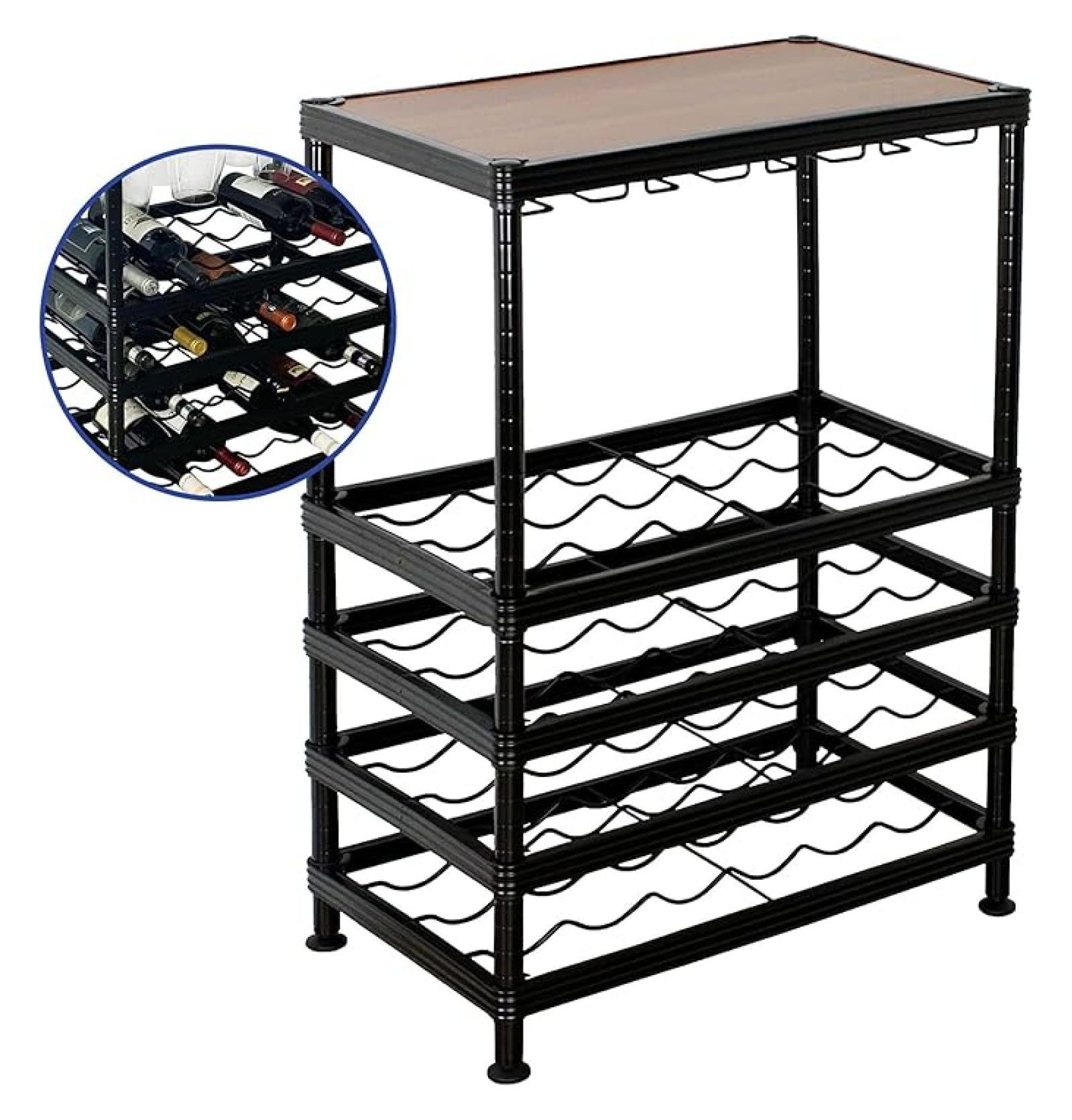 Freestanding Wine Rack with Wood Table Top and Glass Holder, Holds 24 ...