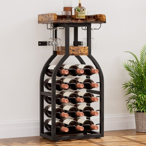 VigorPro Freestanding Wine Rack Vintage Design, Wooden Wine Stand for 15 Bottles & 6 Glasses ...