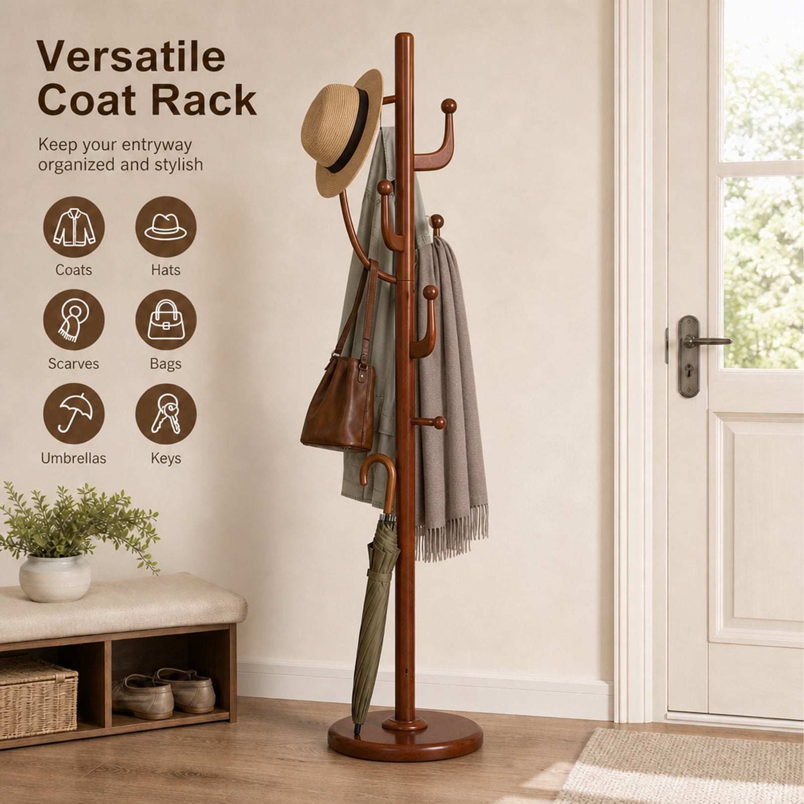 Freestanding Wooden Coat Rack, Natural Birch Wood with 14 Hooks, 72.83 ...