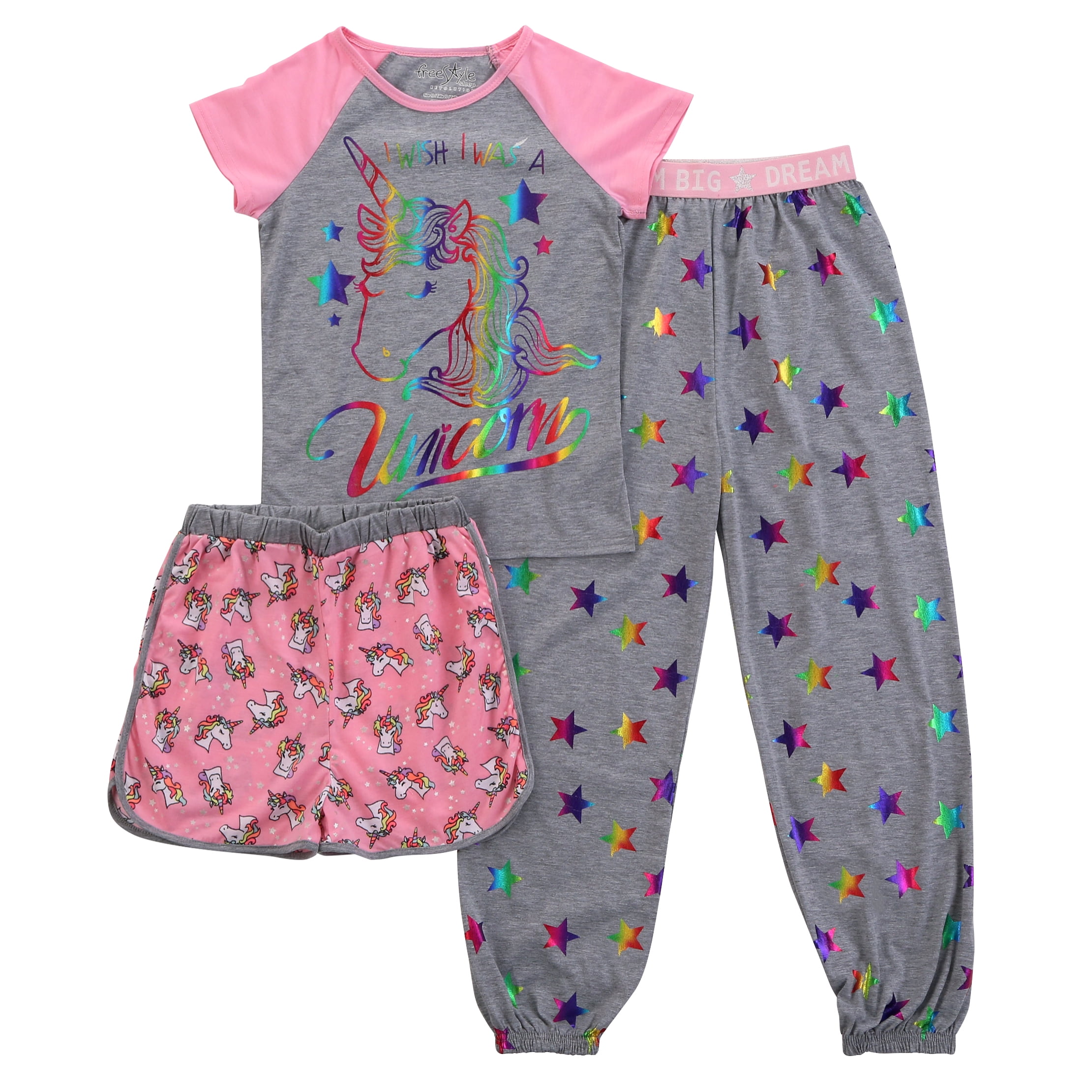 Freestyle Revolution 3-Piece Unicorn Pajama Set with Shorts and Pants ...