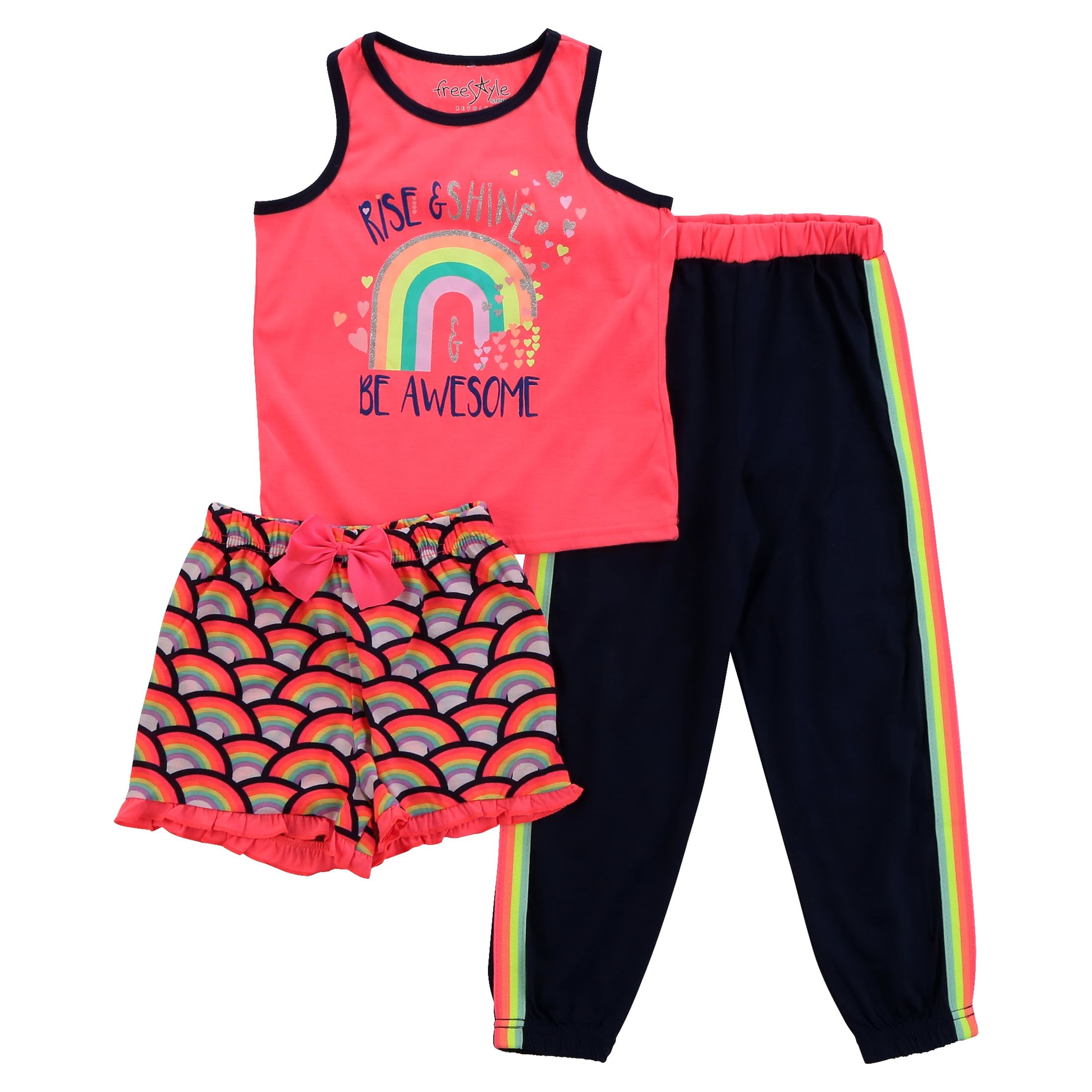 Freestyle Revolution Girls 3-Piece Sleeveless Rainbow Pajama Set with ...
