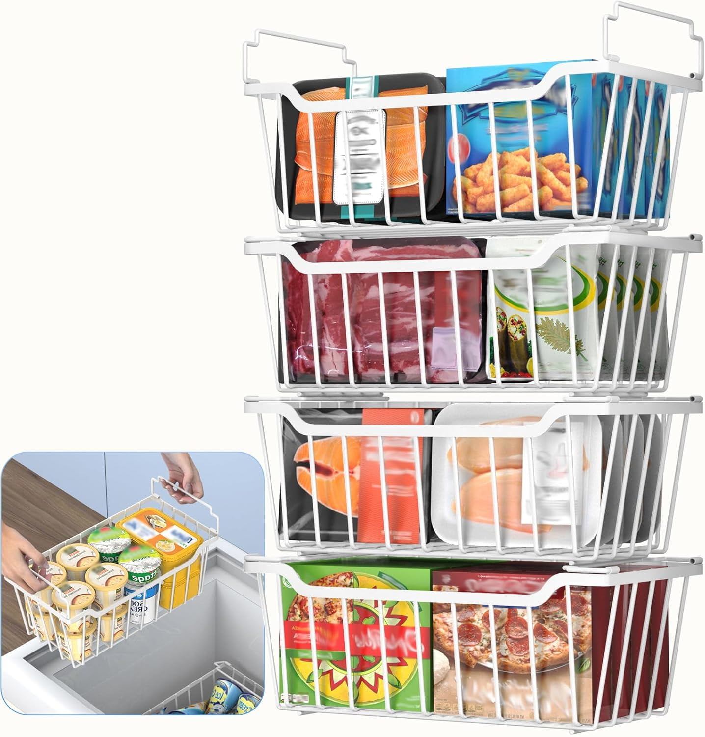 Freezer Organizer Bins with Foldable Handle, 4 Pack Stackable Freezer ...