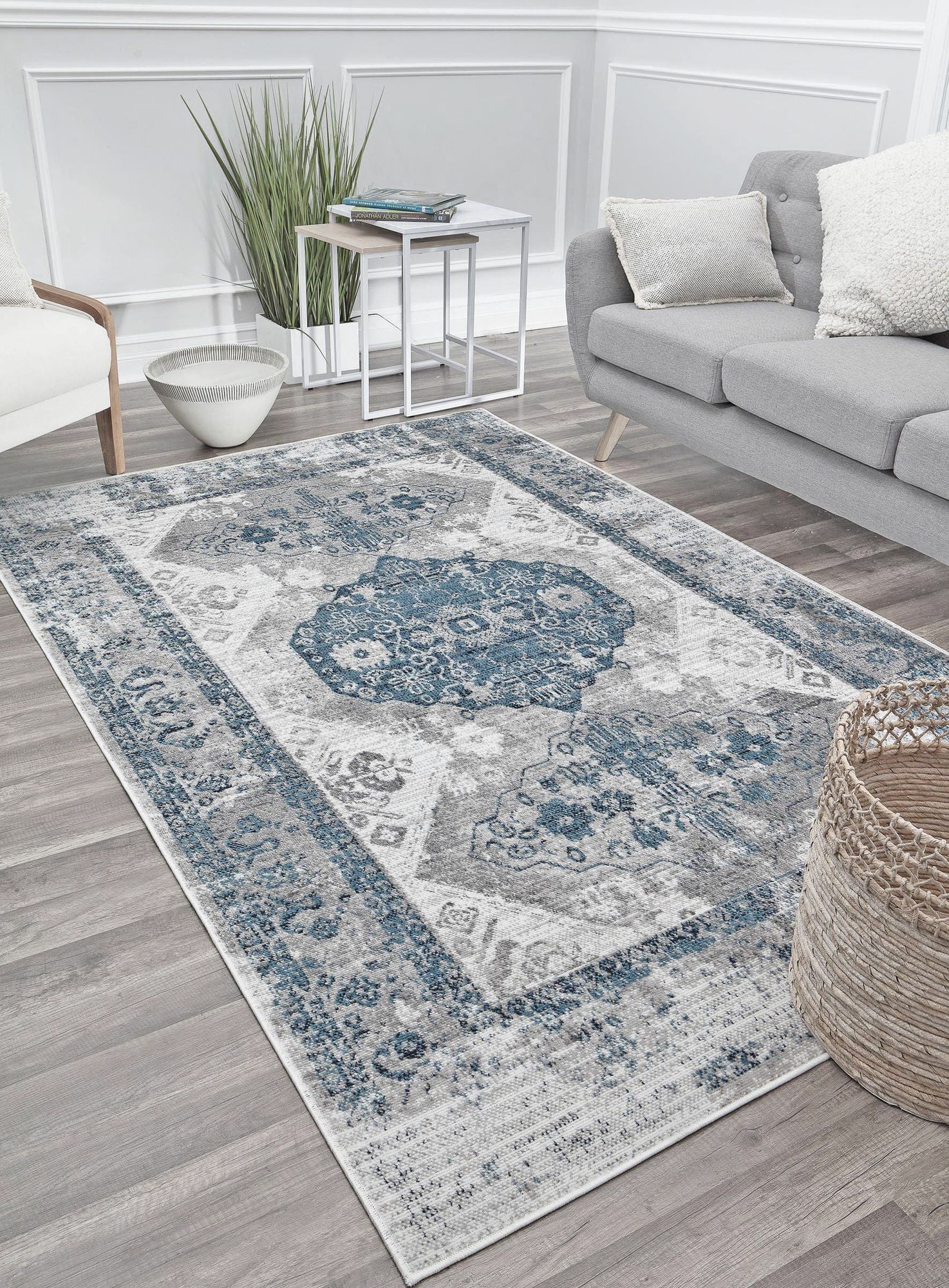 Freida FY25A Vintage Farmhouse Blue Grey Area Rug, 8'x10', Cream Accent ...