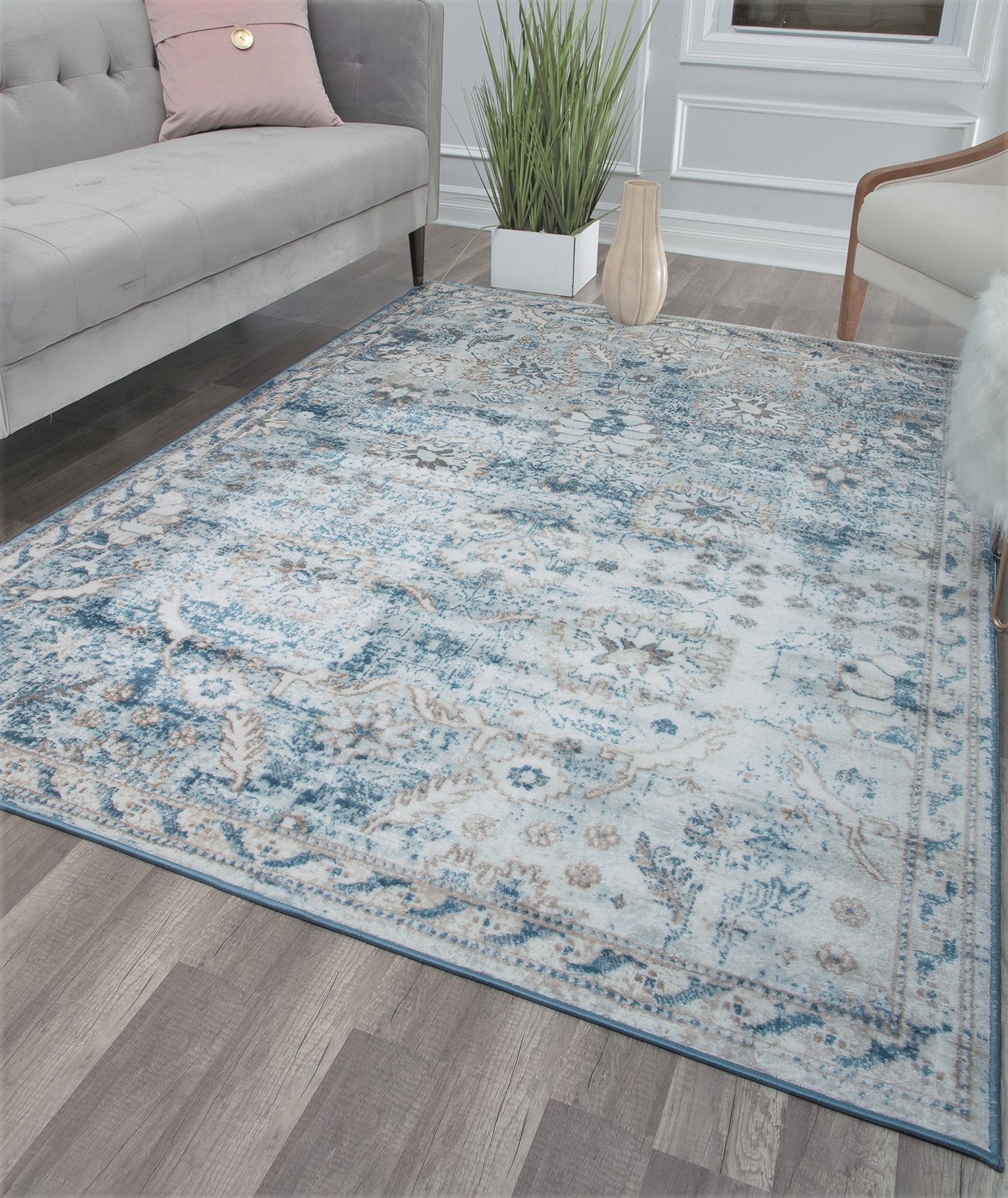 Freida Bluebell Vintage Farmhouse Blue Area Rug - 8x10 Size - Walmart.com