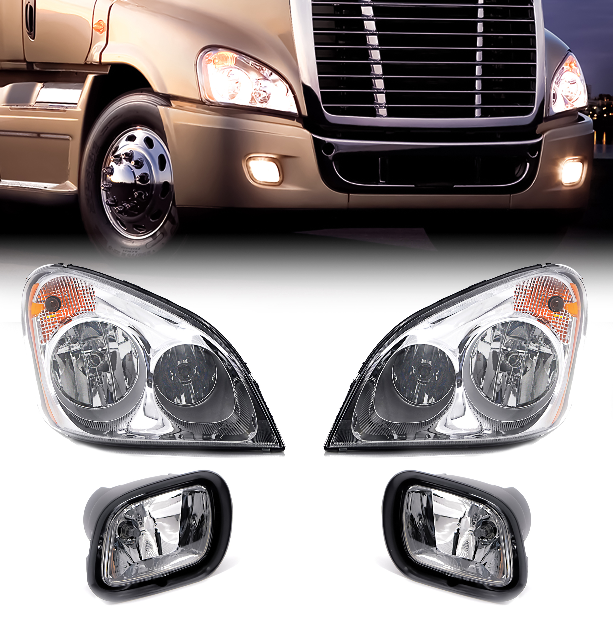 Freightliner Cascadia Headlight & Fog Light Lamp Set Left Right Side ...