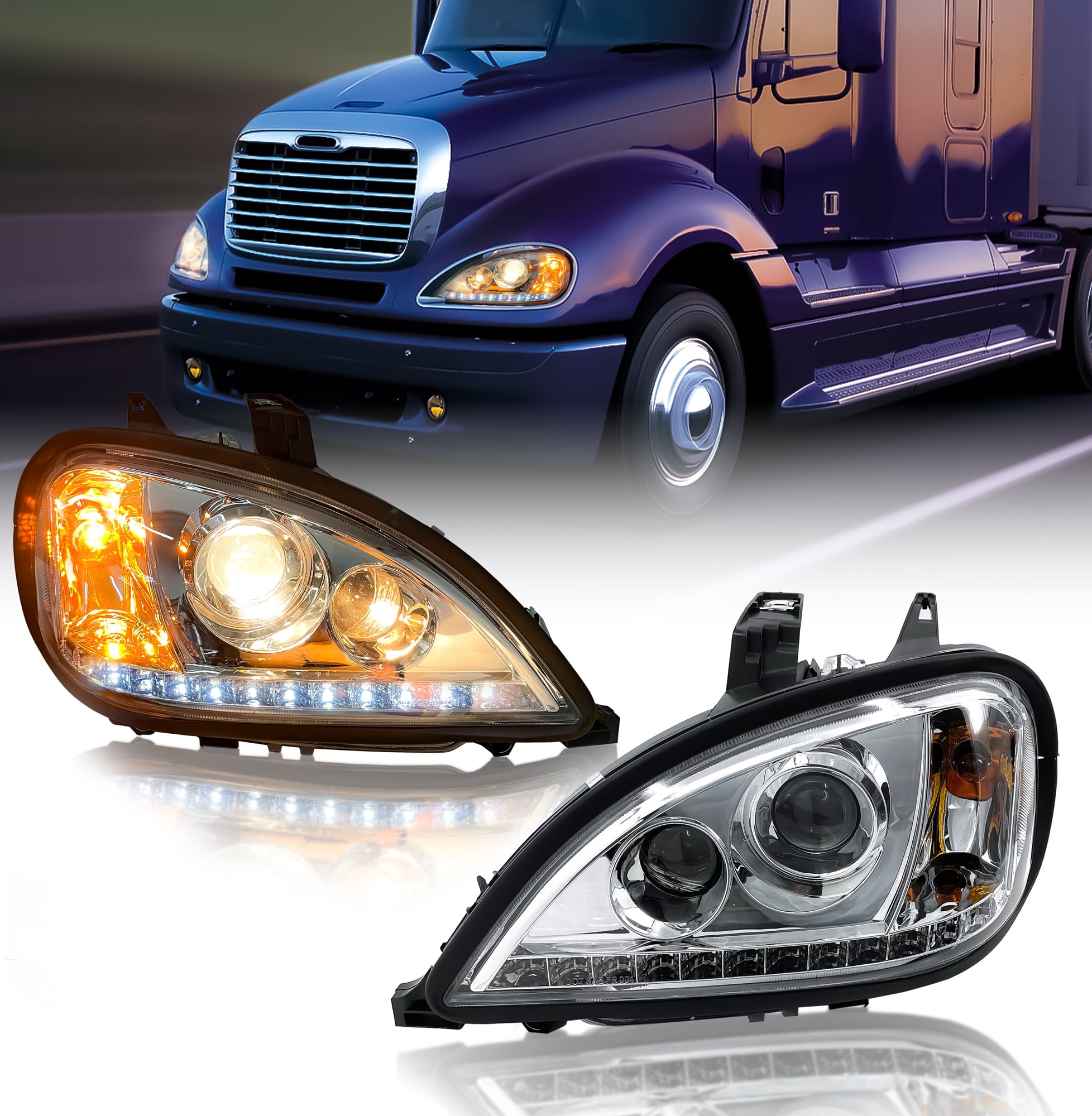 Freightliner Columbia Headlight LED Projector Stripe Crystal Pair Set ...