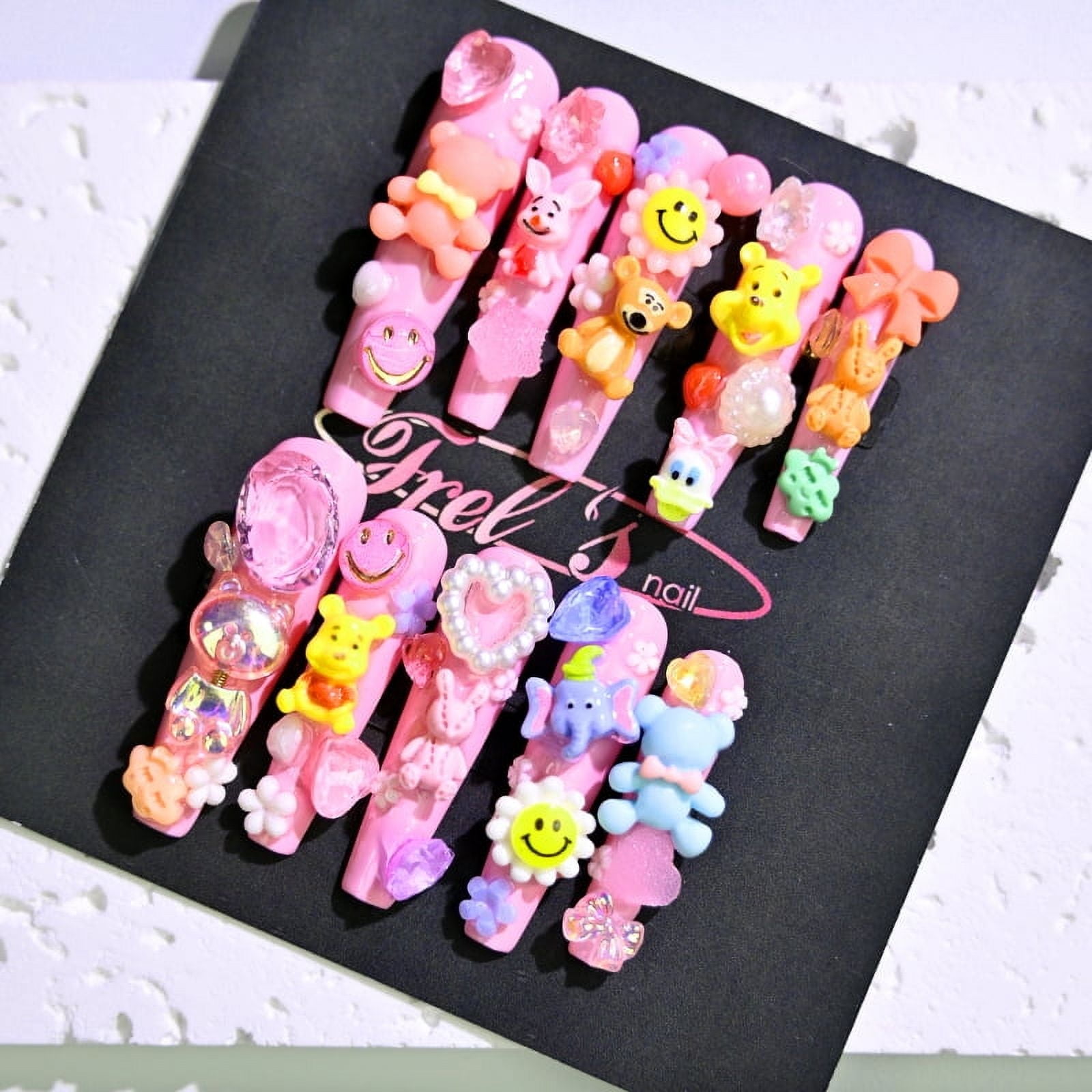 Frely's nail SQUARE Pink Cartoon M,Handmade nail art,Press-On Nails, Holiday Gift Set with ...