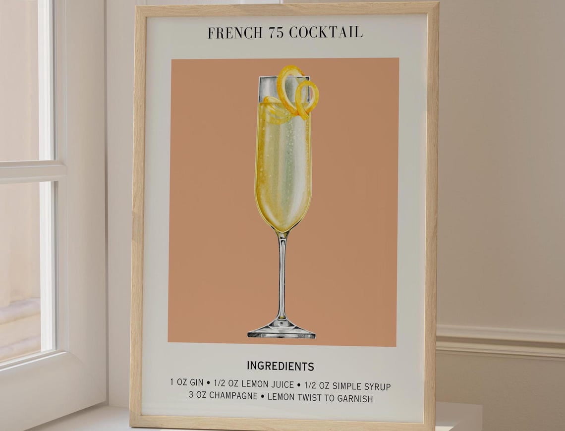 French 75 Cocktail Art Bar Cart Decor Cocktail Poster Party Signature ...