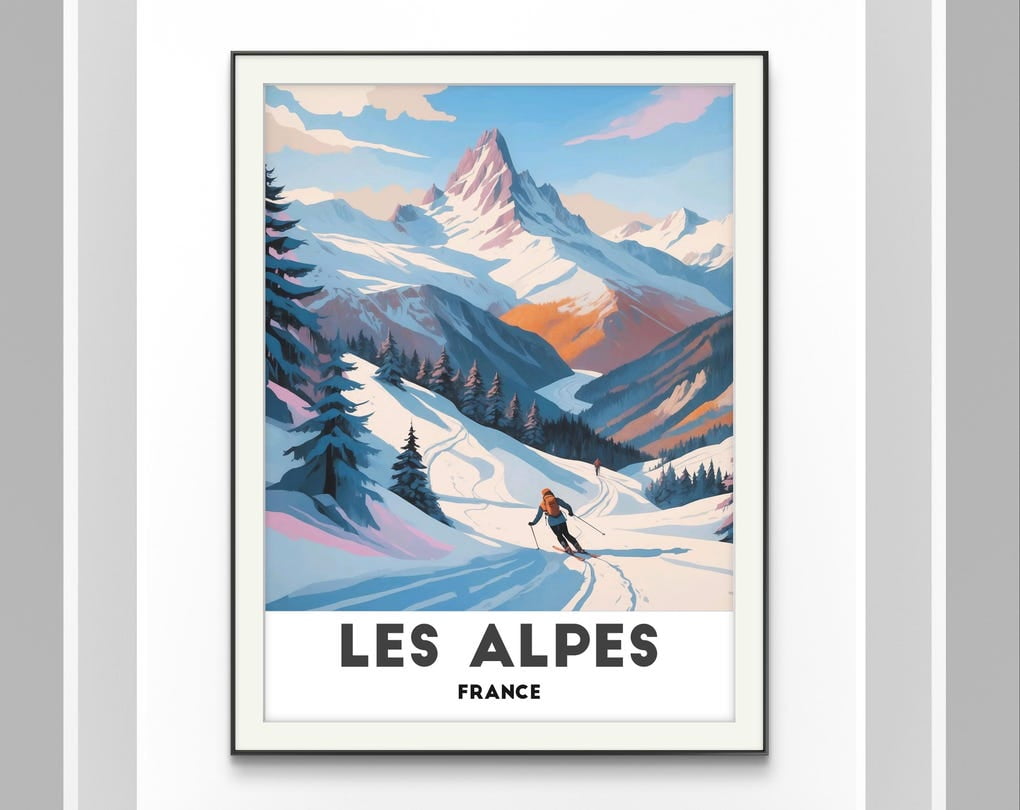 French Alps Skiing Poster - Solitary Skier In Stunning Alpine Landscape ...