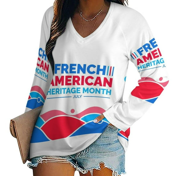 French-American Heritage Month Women's Long Sleeve Shirts Casual V Neck ...