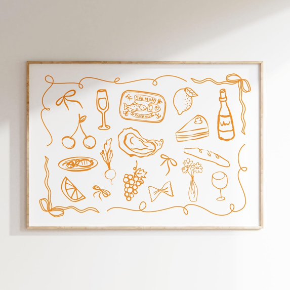 French Bistro Food Line Art Print, Kitchen Dining UNFRAMED PAPER POSTER ...