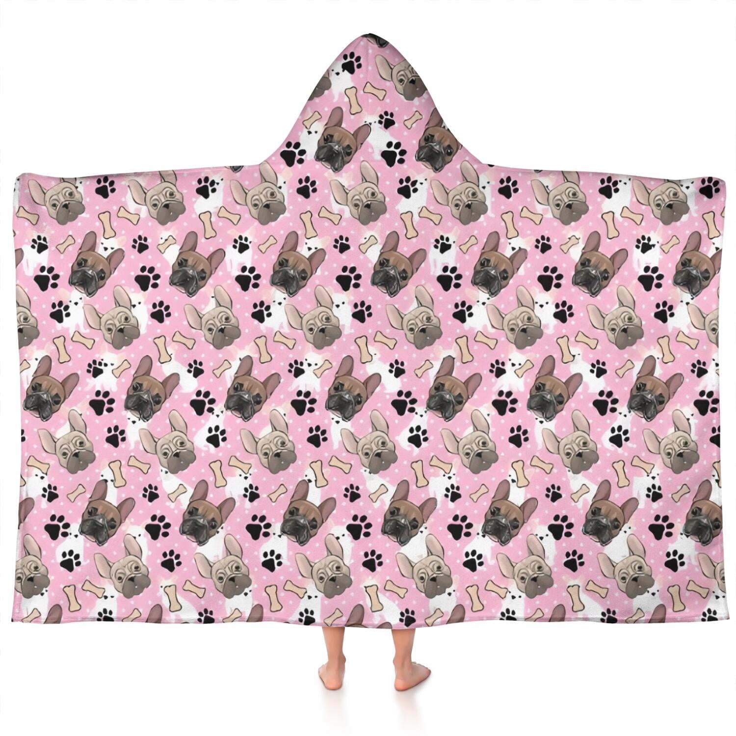 French Bulldog Cute Bone Paw Print Hooded Bath Towel，60"x35" for Ages 3 ...