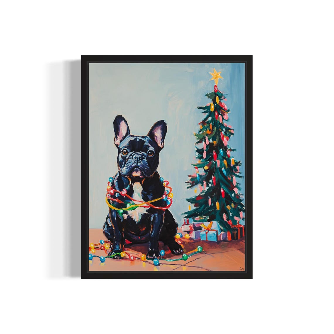 French Bulldog Dog Tangled In Christmas Lights Art Print, Animals Wall ...