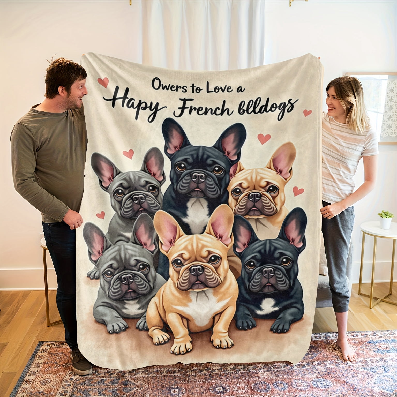 French Bulldog Enthusiast Blanket, Flannel Texture with Cute Heart ...