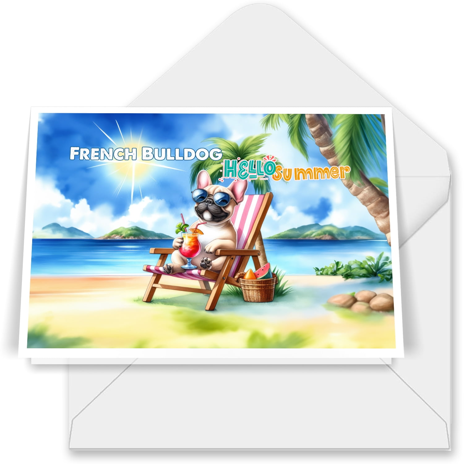 French Bulldog Hello Summer Beach Theme with Sunglasses and Tropical ...