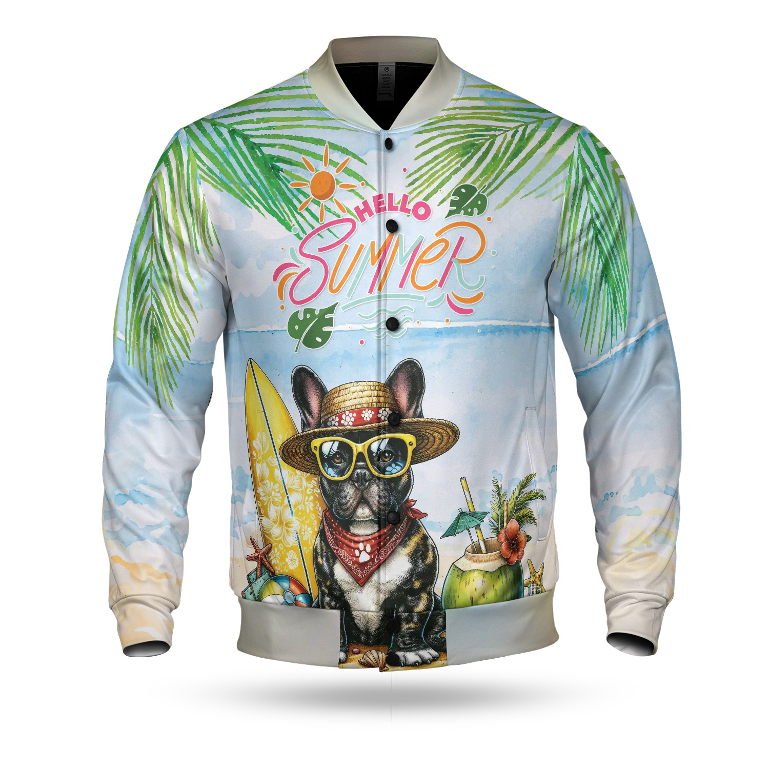 French Bulldog Hello Summer with Sunglasses and Surfboard Tropical ...
