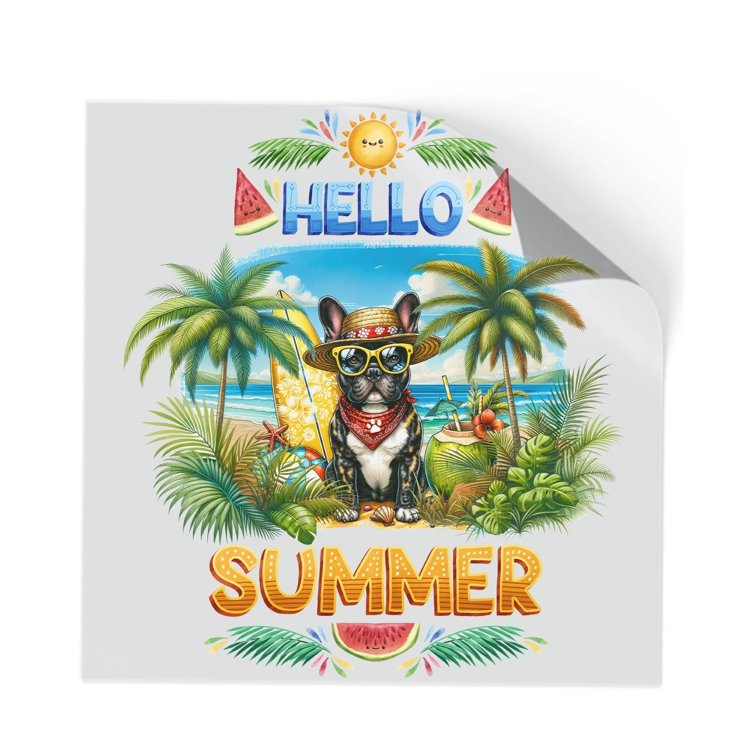 French Bulldog Hello Summer with Sunglasses and Surfboard Tropical ...