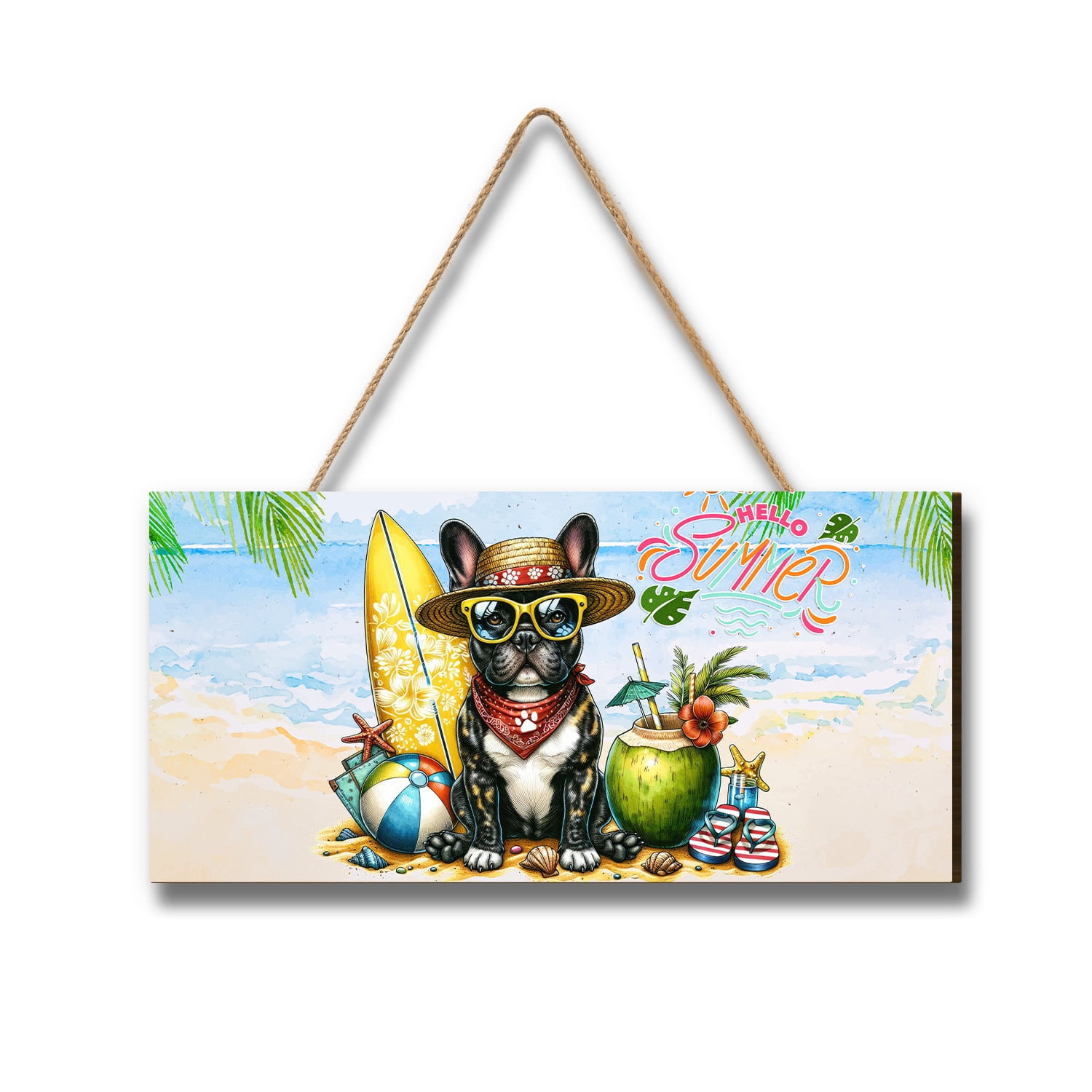 French Bulldog Hello Summer with Sunglasses and Surfboard Tropical ...