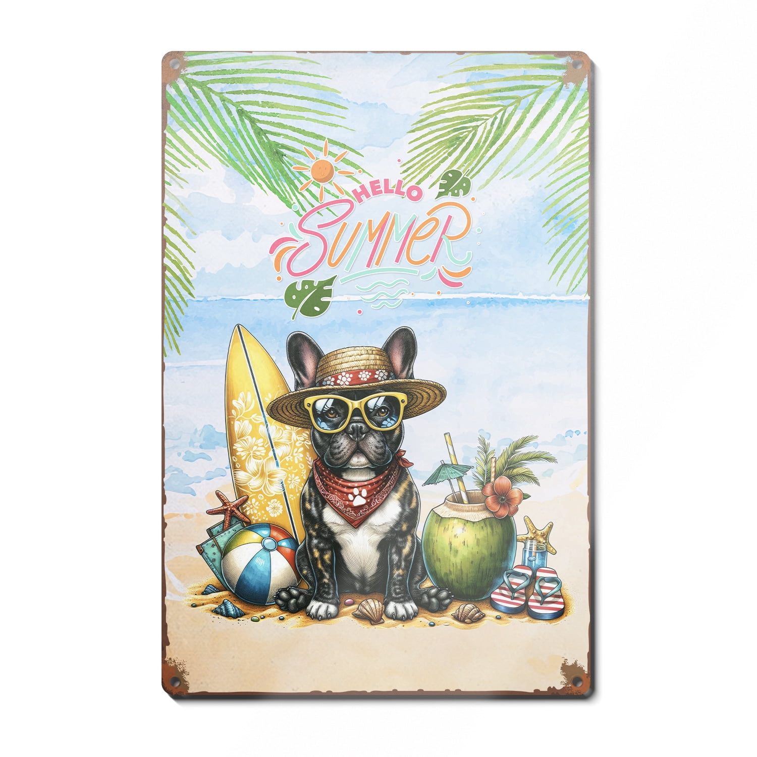 French Bulldog Hello Summer with Sunglasses and Surfboard Tropical ...