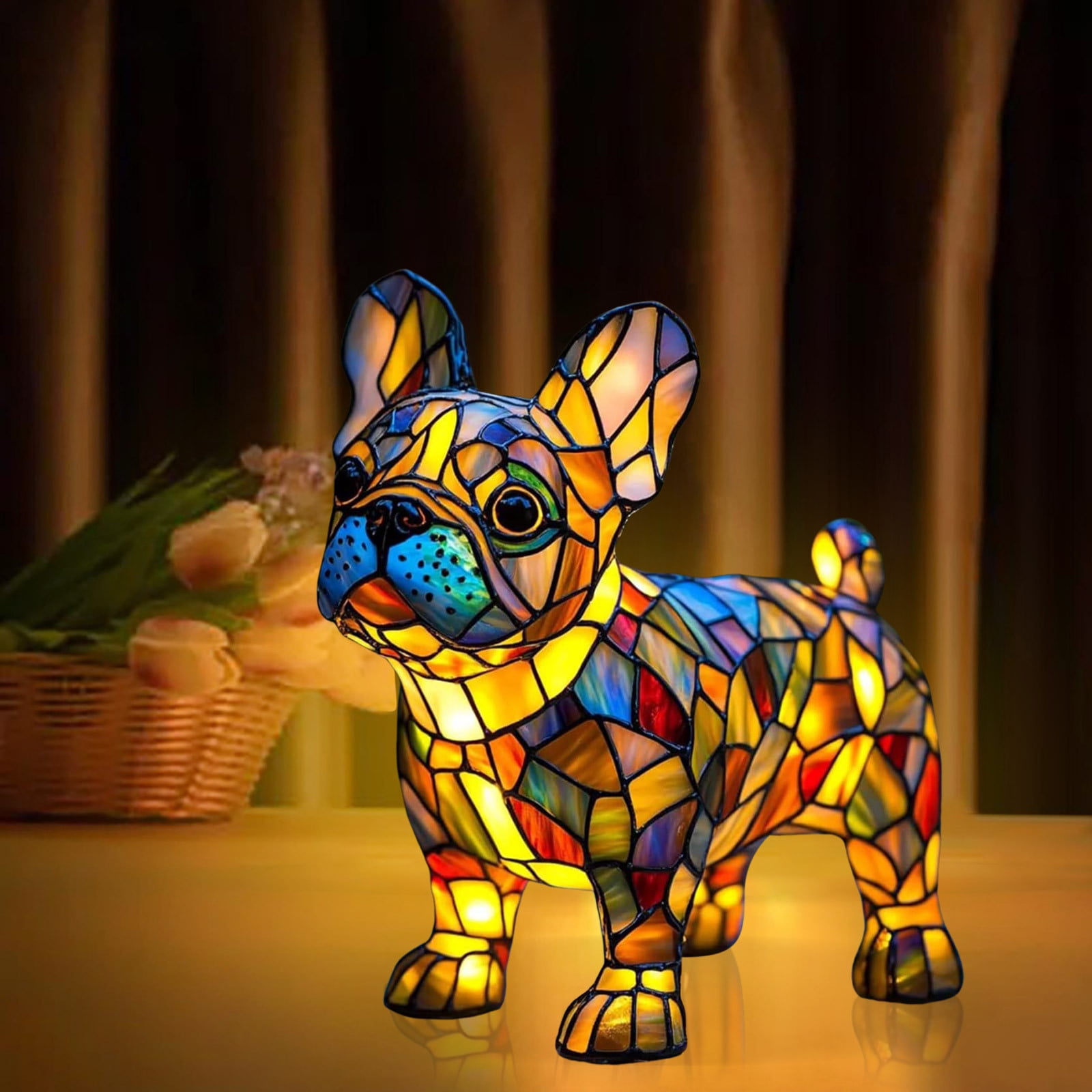 French Bulldog Lamp, Retro Stained Resin Tabletop Night Light, Dog ...