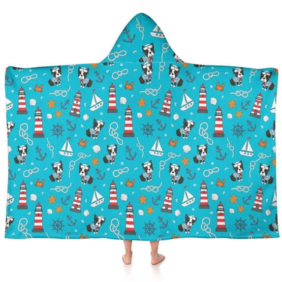 French Bulldog and Nautical Blue Pattern Hooded Bath Towel Wrap for ...