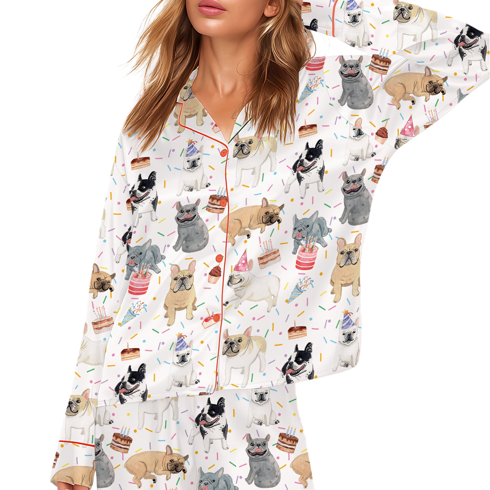 French Bulldog Party Pajama Set, Women’s Satin Long Sleeve Sleepwear ...