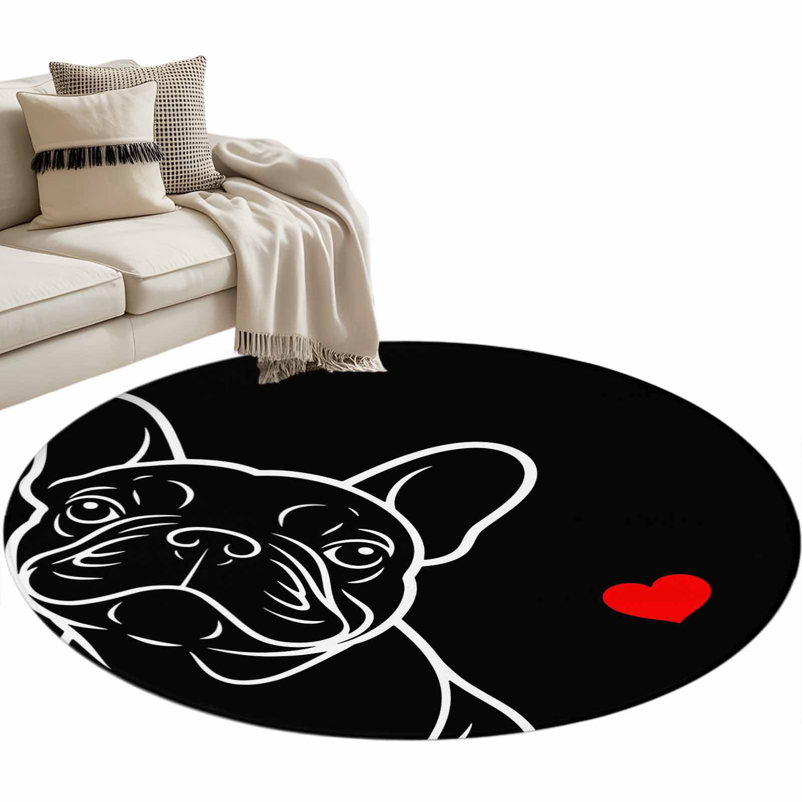 French Bulldog Round Area Rug 3.3ft Red Love Heart Non-Slip Washable ...