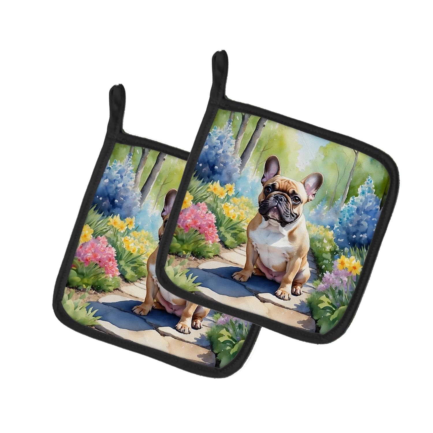 French Bulldog Spring Path Pair of Pot Holders 7.5 in x 7.5 in ...