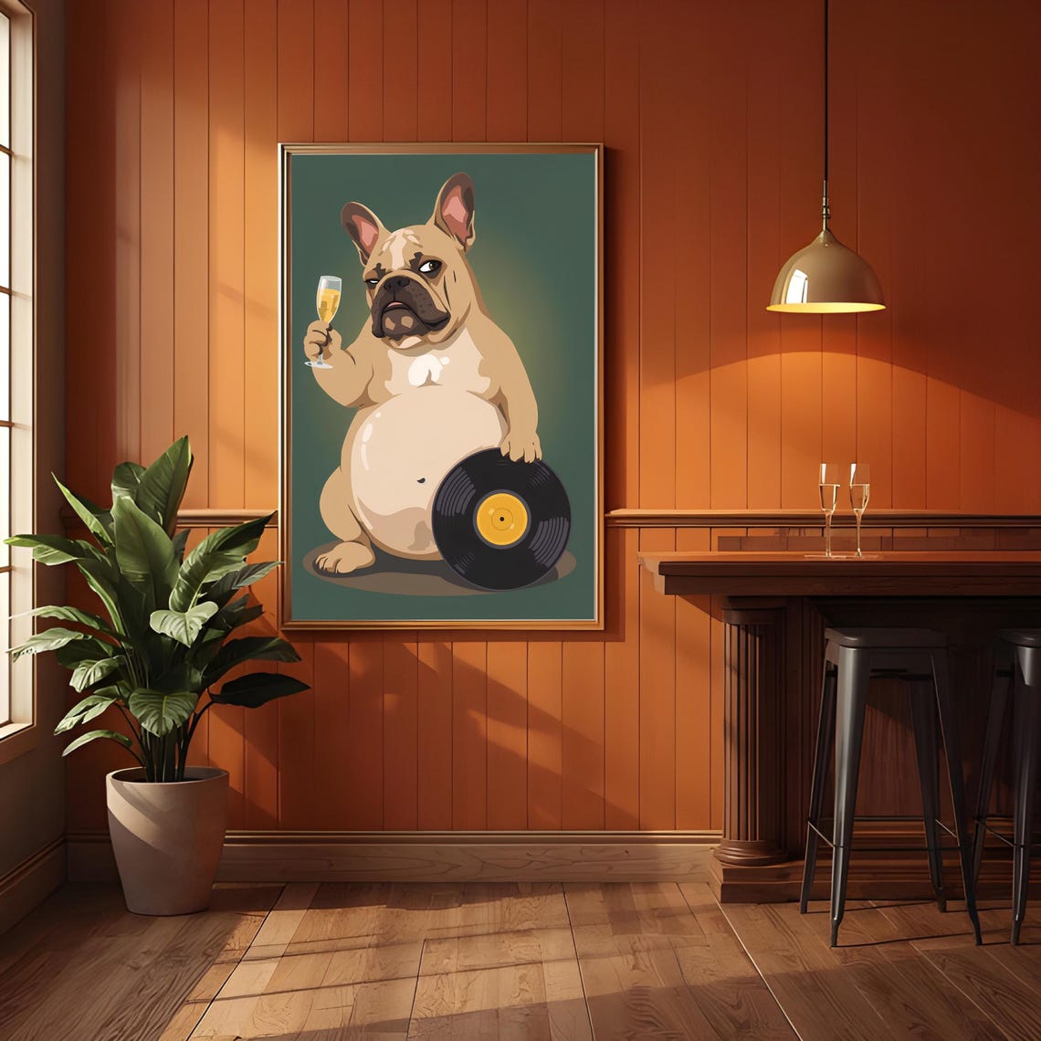 French Bulldog Wall Art : Funny Dog Champagne Print, Retro Vinyl Bar ...