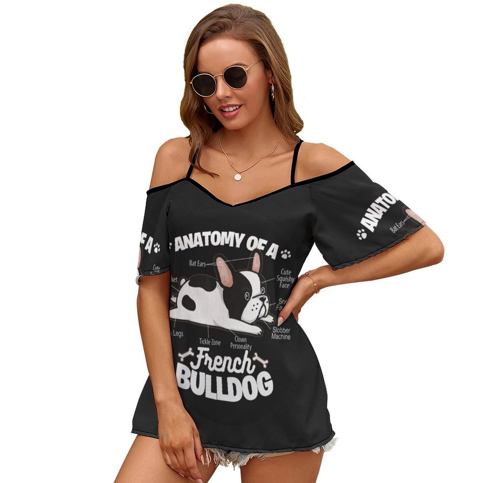 French Bulldog Women's T-Shirt Fashion Printed V-Neck Short Sleeve T ...