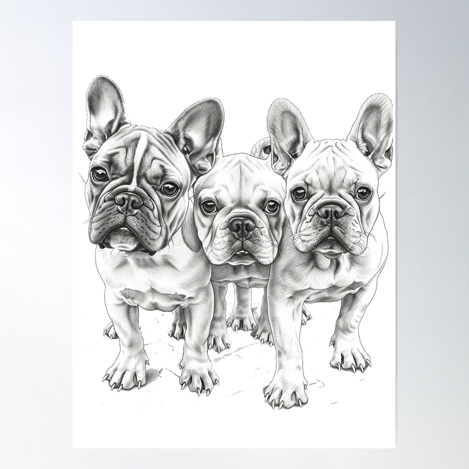 French Bulldogs Trio Hand-Drawn Adorable Expressive Faces Detailed ...