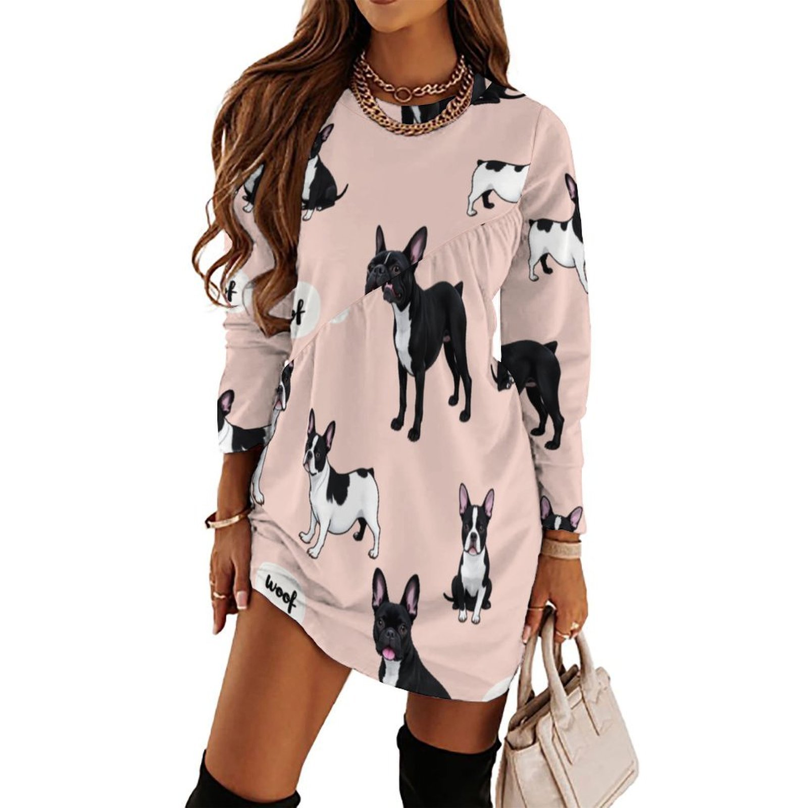 French Bulldogs Woof Pink Background Loose Dress Evening Dress Summer ...