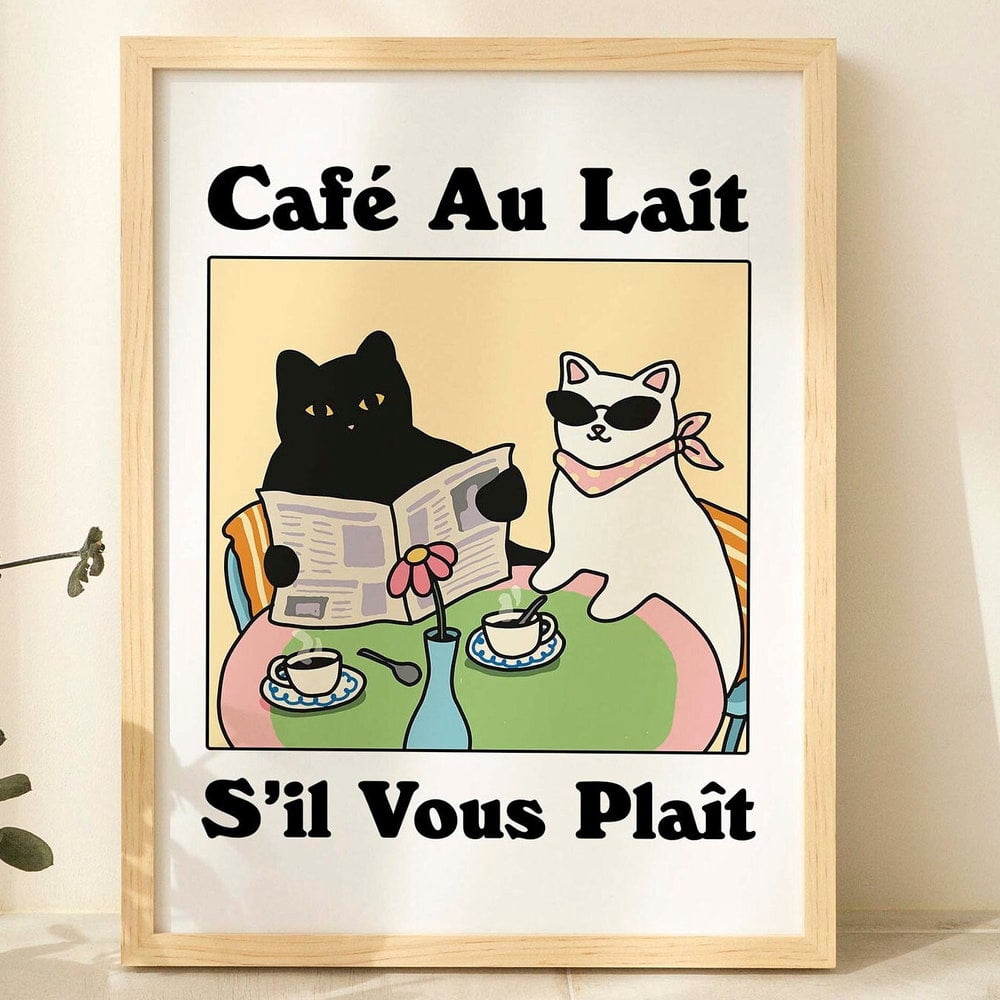 French Cafe Au Lait Cat Print, Retro Drink Poster, Bistro Coffee ...