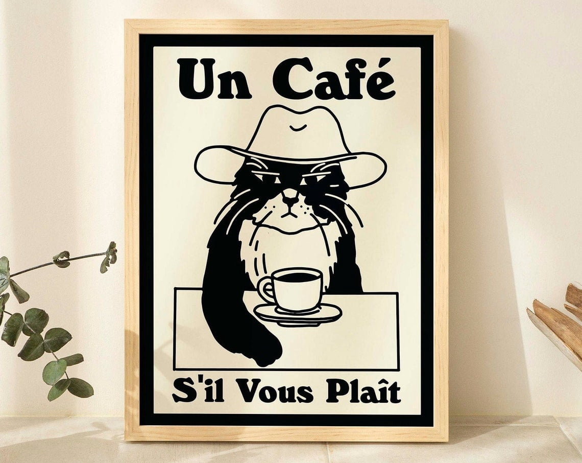 French Cafe Cat Print, Retro Drink Poster, Cowboy Cat Coffee Posters ...