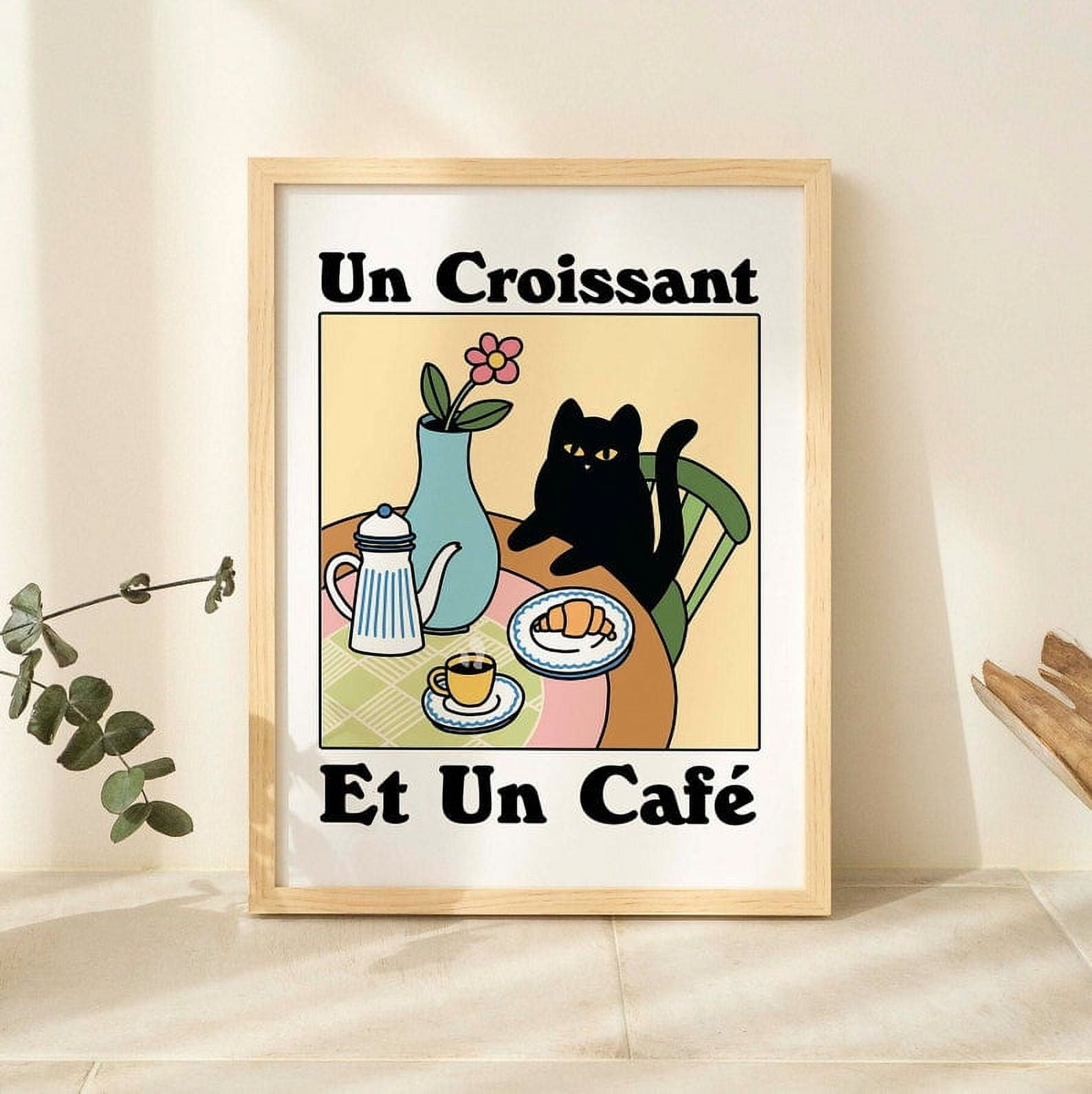 French Cafe Croissant Cat Print, Retro Drink Poster, Bistro Coffee ...