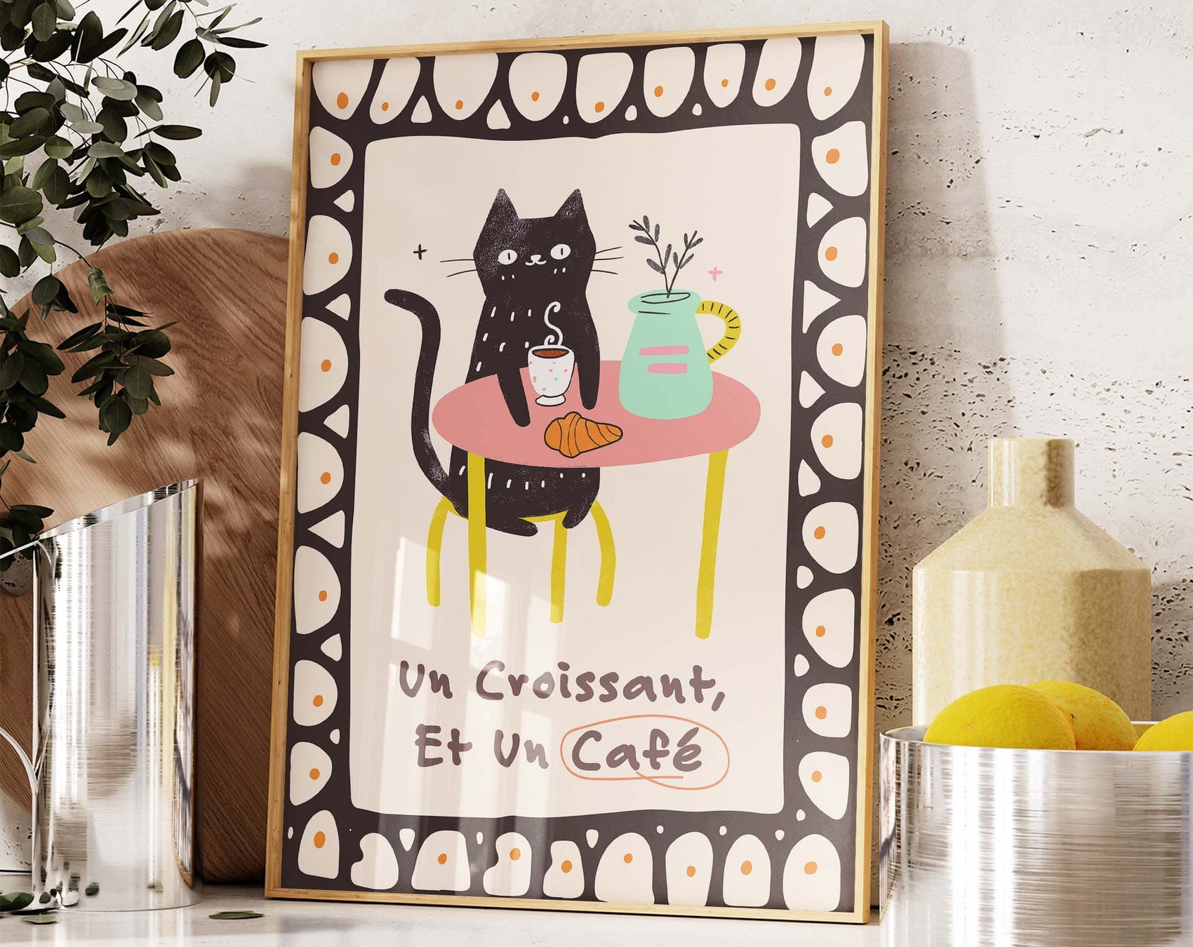 French Cafe Croissant Cat Print, Retro Drink Poster, Bistro Coffee ...