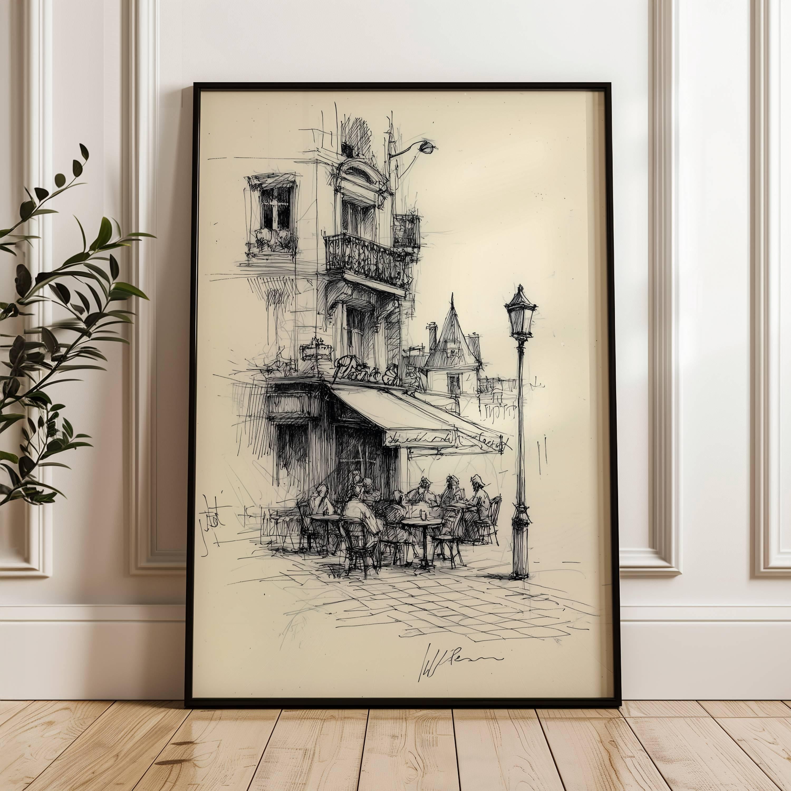 French Cafe Sketch Print | Black And White Sketch | Line Drawing ...