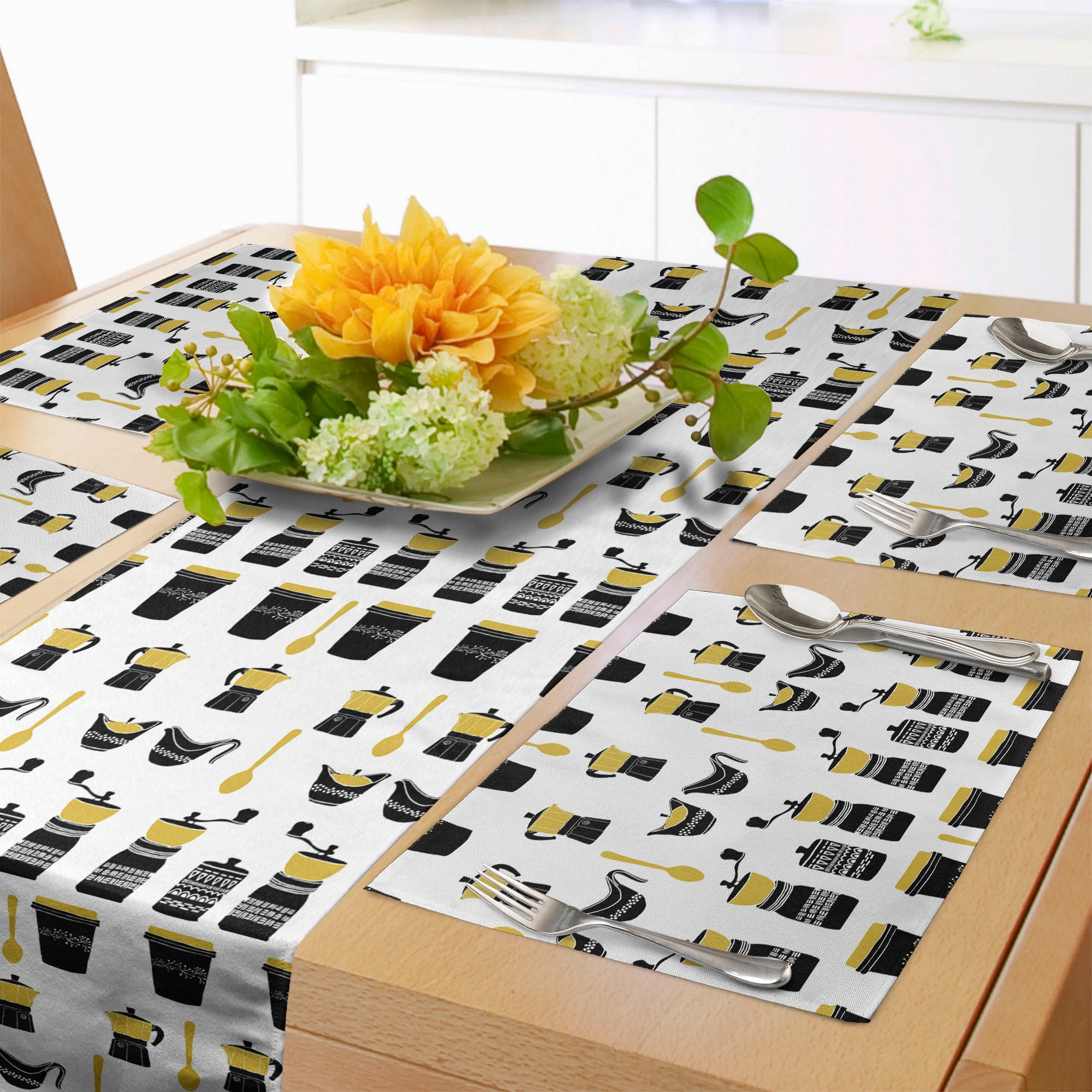 French Cafe Table Runner & Placemats, Hand Drawn Look Pattern of Coffee ...