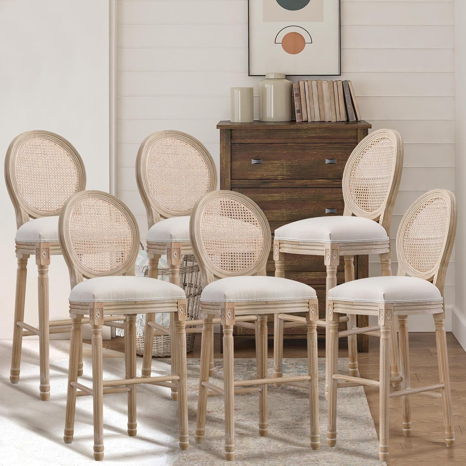 French Country Bar Stools Set of 6, 30" Seat Height Wooden Barstools ...