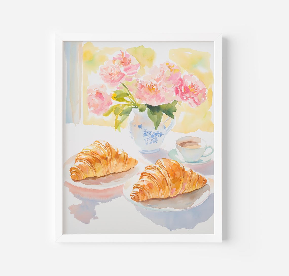 French Country Breakfast Art Poster Croissants & Floral Tea (Print ...