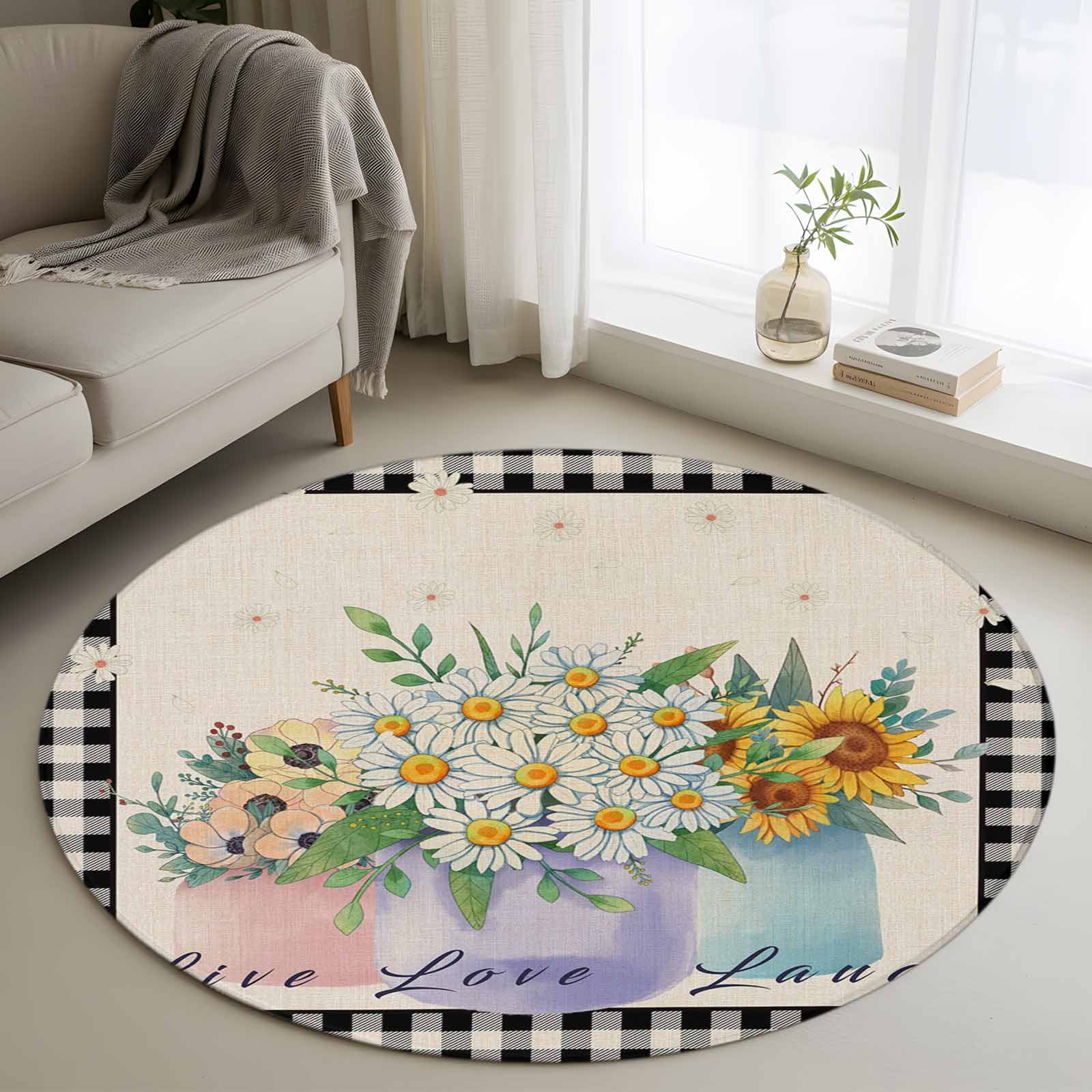 French Country Daisies Flower, Round Area Rug 3 FT, Small Kitchen ...